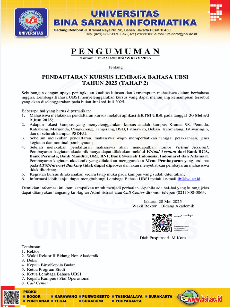 Edaran Pendaftaran Kursus Lembaga Bahasa UBSI Tahun 2025 (Tahap 2) Ok | PDF