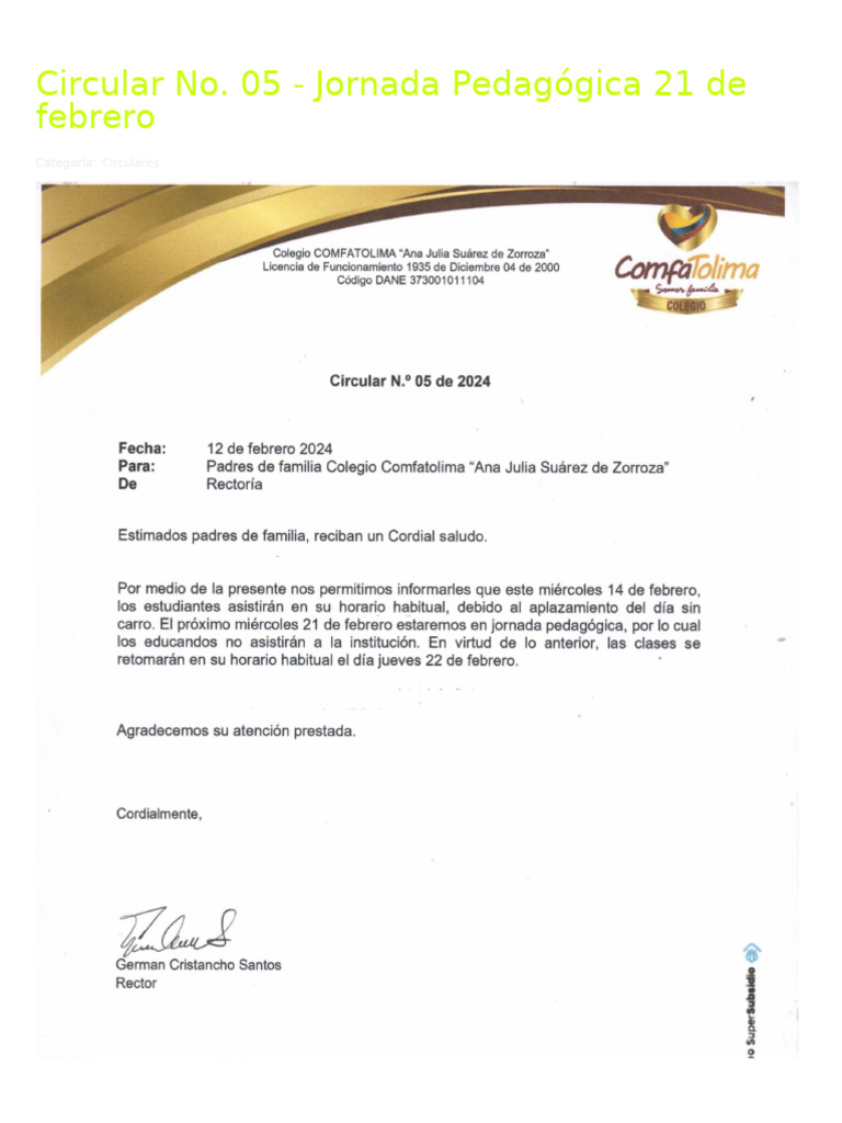 Circular No. 05 - Jornada Pedagógica 21 de Febrero | PDF