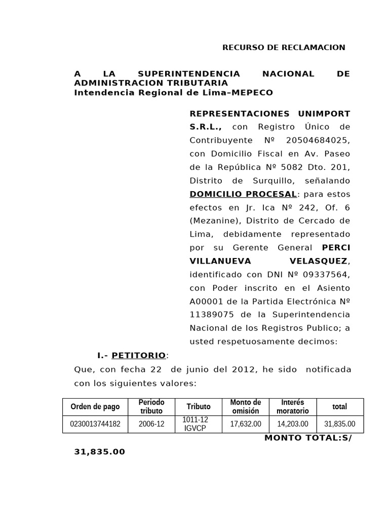 RECURSO DE RECLAMACION UNIMPORT | PDF | Estatuto de limitaciones | Justicia