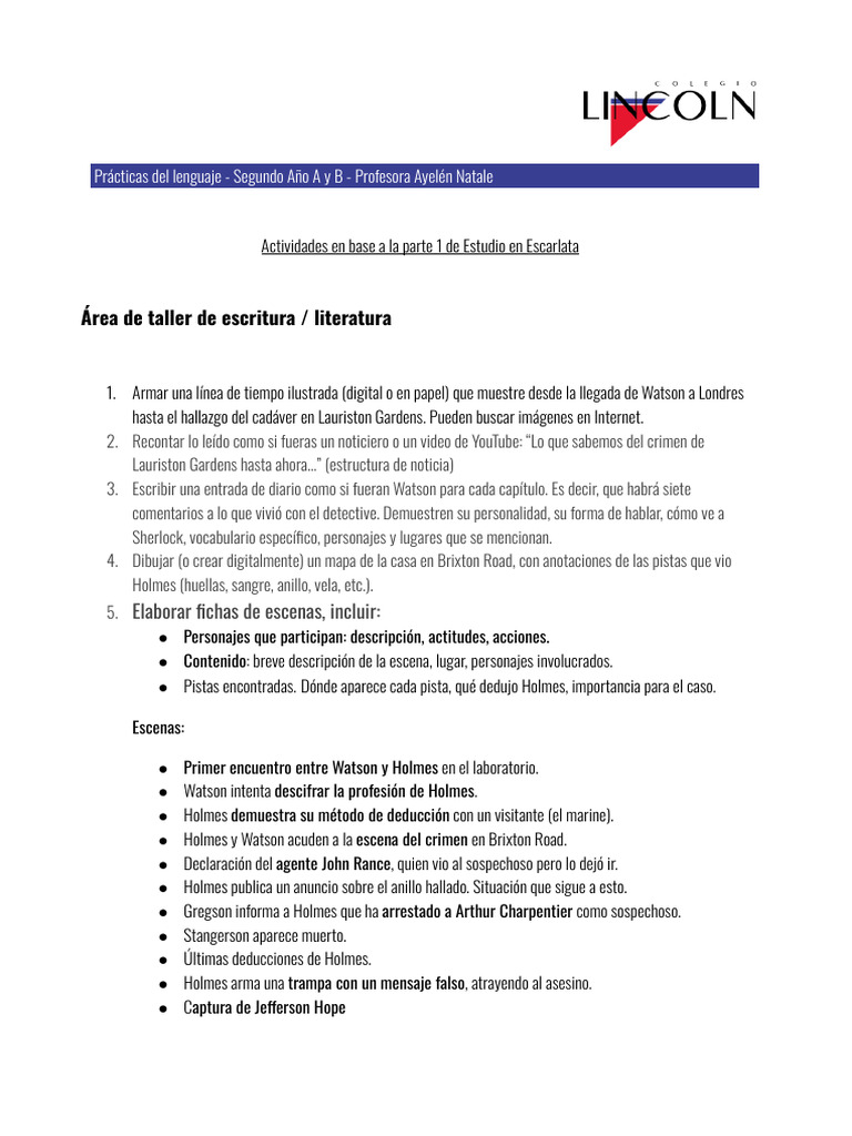 Actividades en Base A La Primera Parte de Estudio en Escarlata | PDF ...