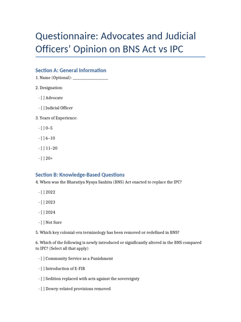 BNS Vs IPC Questionnaire | PDF