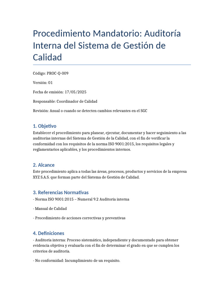 Procedimiento Mandatorio: Auditoría Interna Del Sistema de Gestión de ...