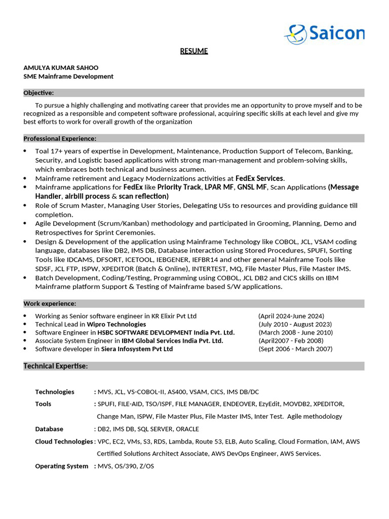 Amulya Kumar Sahoo Resume - Mainframe SME | PDF | Ibm Db2 | Databases