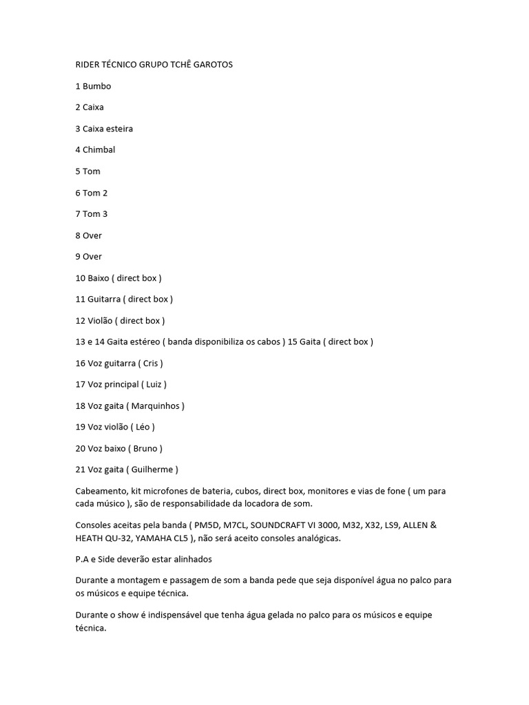 Rider Tecnico Grupo Tche Garotos | PDF