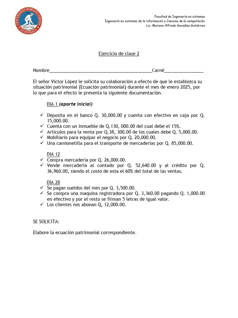 EJERCICIO DE CLASE 2 Y Laboratorios Ecuación Patrimonial 2025 UMG | PDF | Bancos | Cheque