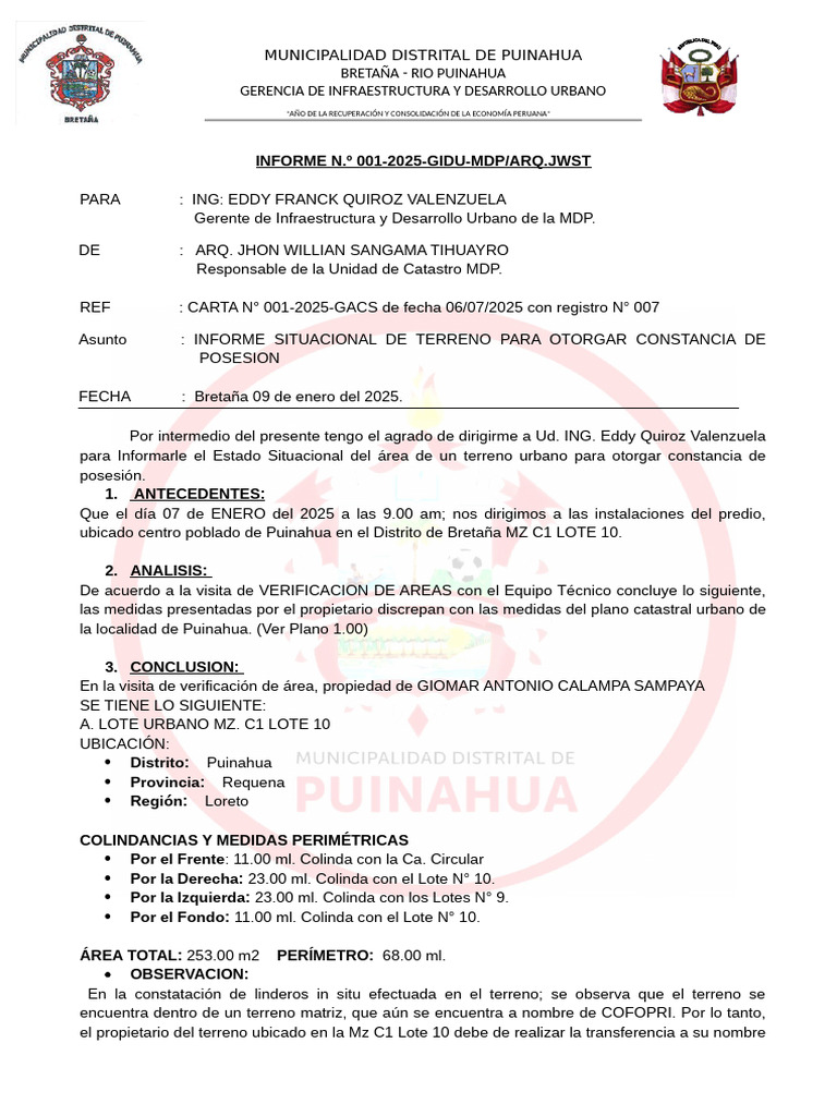 001 Informe Jhon Verificacion Predio Giomar Antonio Calampa Sampaya | PDF