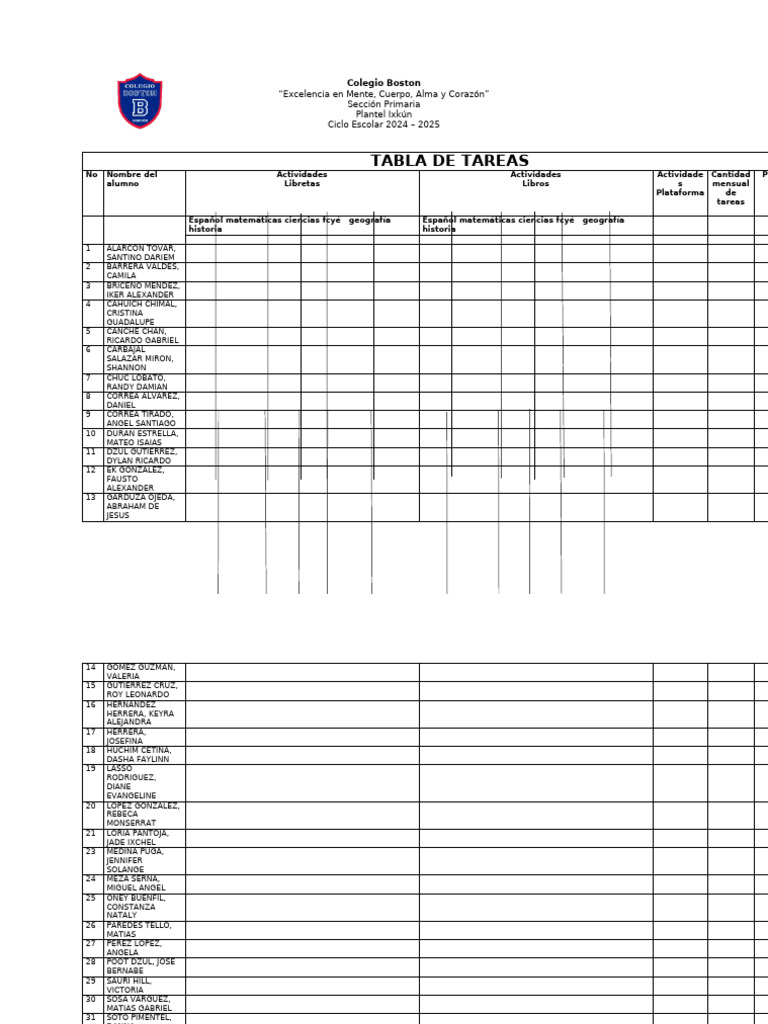 Tareas Primaria Colegio Boston 2024-2025 | PDF