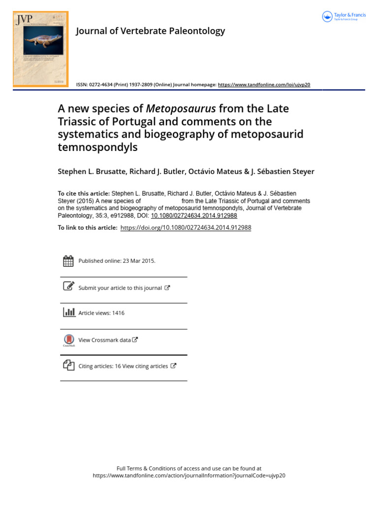 Brusatte Et Al - 2015 A New Species of Metoposaurus | PDF | Skull