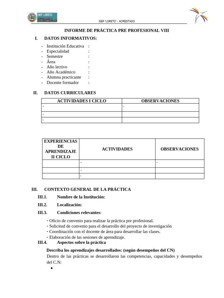 formato de informe práct e invest VIII | PDF | Maestros | Salón de clases