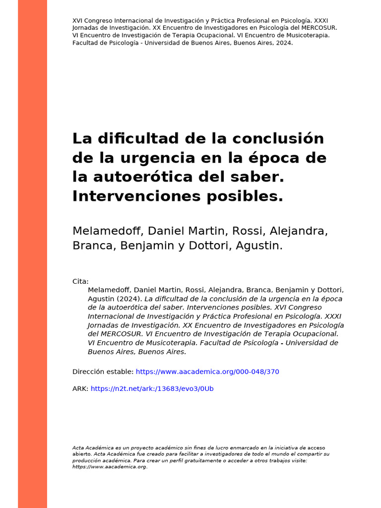 Melamedoff, Daniel Martin, Rossi, Al (... ) (2024) - La Dificultad de ...