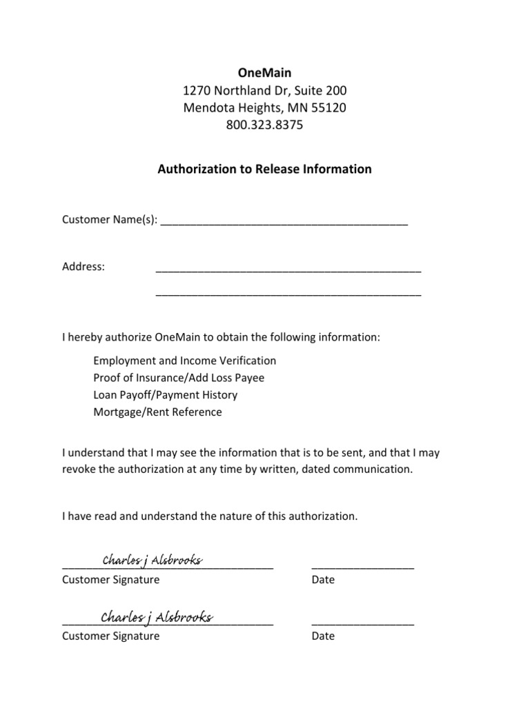 OneMain Authorization Release Form | PDF