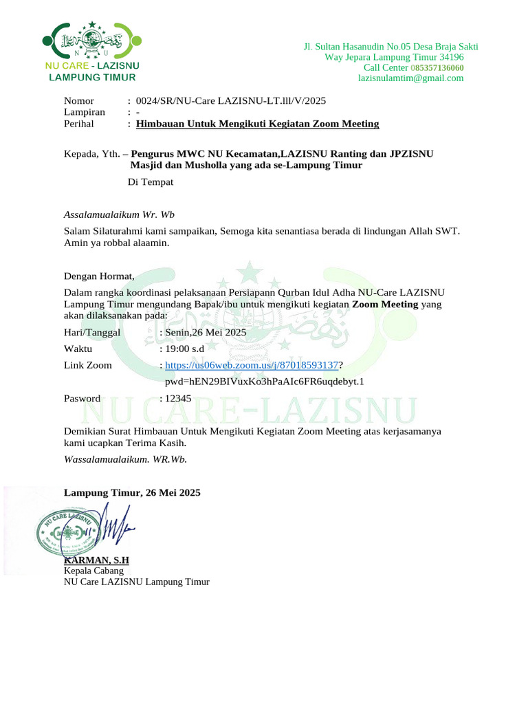 Surat Undangan Mengikuti Zoom Meeting | PDF