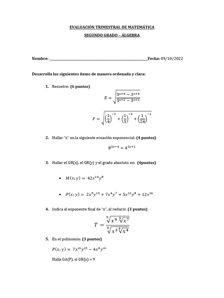 Evaluacion de Matemática 2° (Jul-Set) | PDF