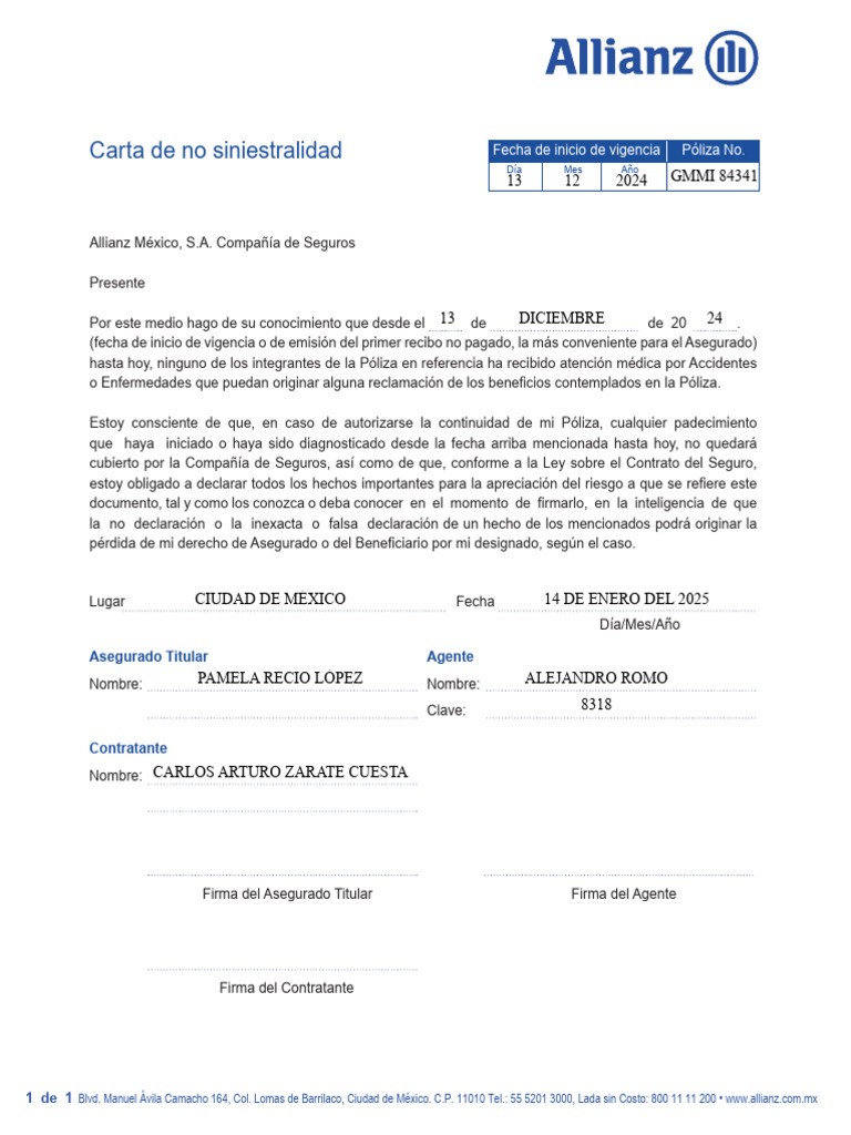 Carta No Siniestralidad | PDF | Póliza de seguros | Seguro