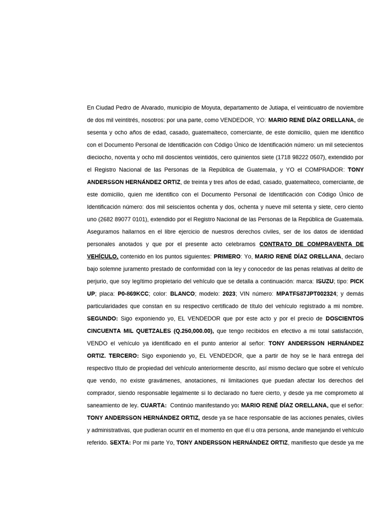 Compraventa de Vehículo Con Responsabilidad Penal de MARIO RENE DIAZ Y ...
