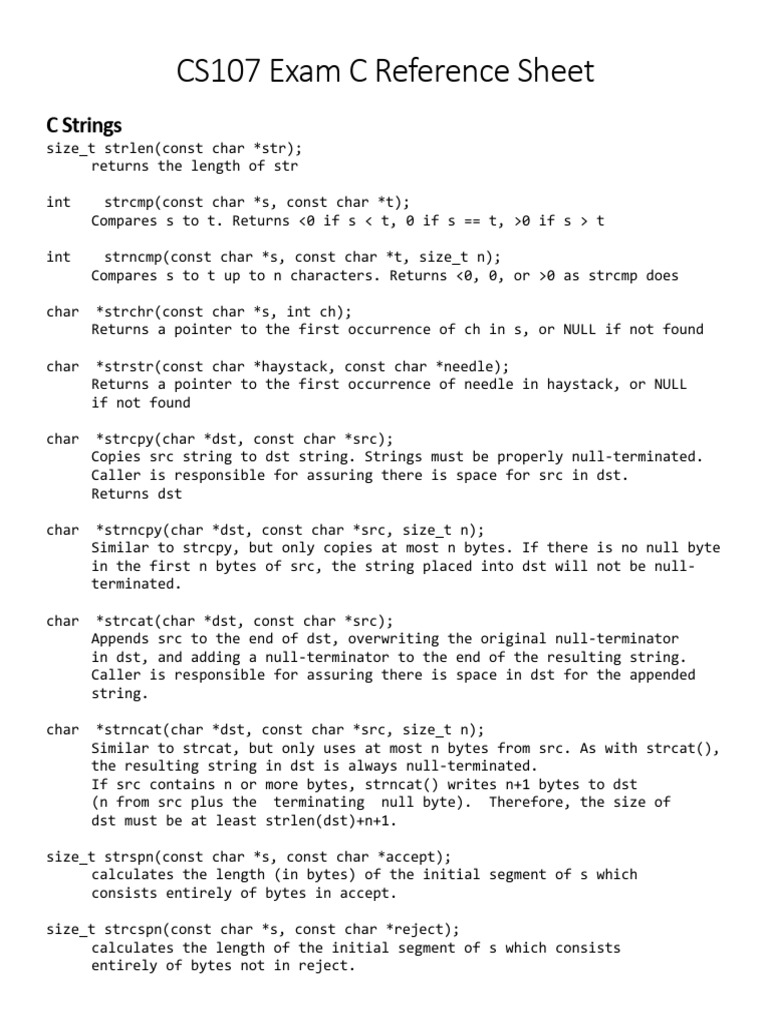 CS107 Exam C Reference Sheet | PDF | Pointer (Computer Programming) | Software Engineering