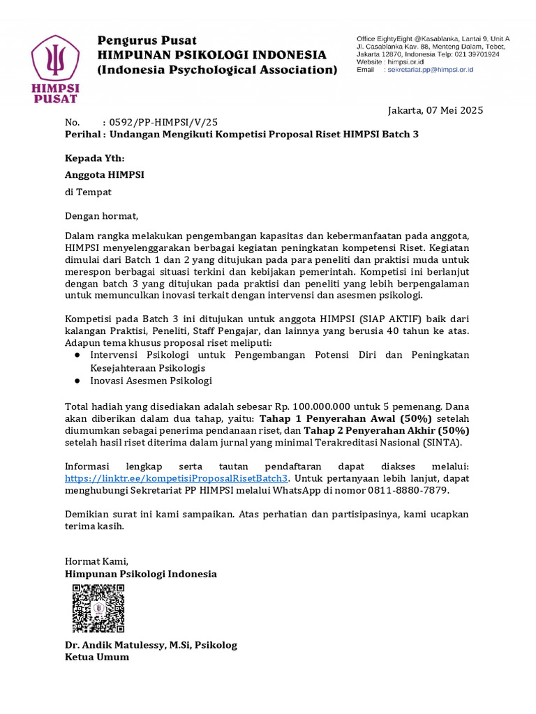 0592 - Undangan Mengikuti Kompetisi Proposal Riset HIMPSI Batch 3 | PDF