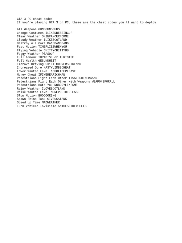 GTA 3 PC Cheat Codes Guide | PDF
