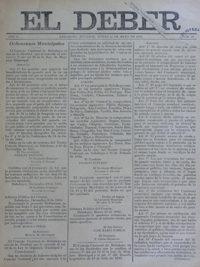 Diario El Deber. Babahoyo, Los Ríos, Ecuador. 26 de mayo de 1898. Año 1 Número 25. | PDF