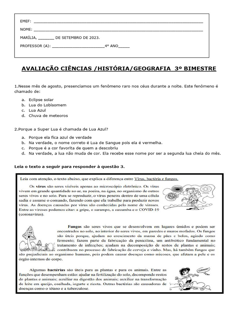 Avaliação de Ciências e História 4º Ano | PDF | Brasil | Portugal