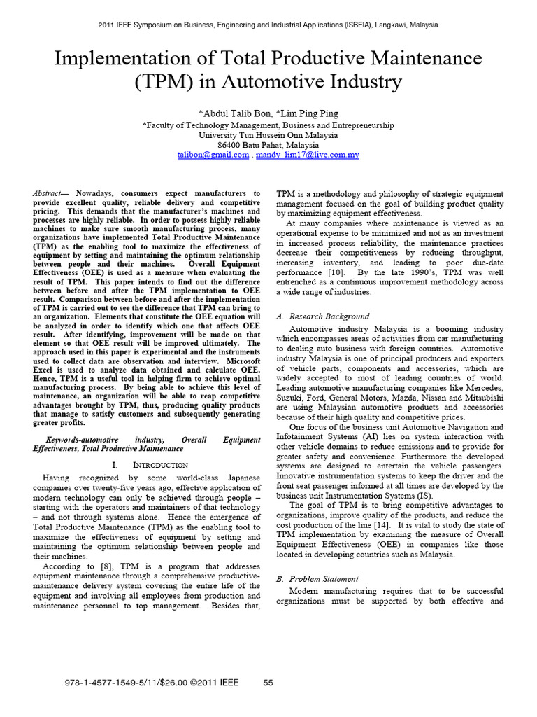 Implementation of Total Productive Maintenance TPM in Automotive ...