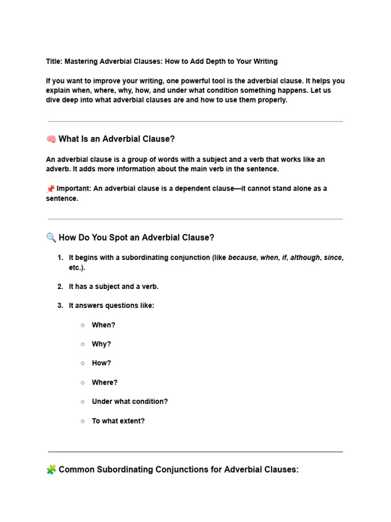 Mastering Adverbial Clauses - How To Add Depth To Your Writing | PDF ...