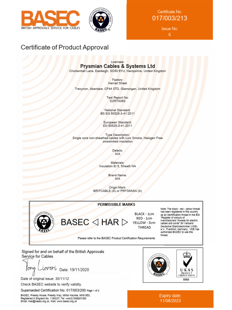 6491B BASEC Certificate 017 003 213 Issue 6 | PDF | Electrical Engineering