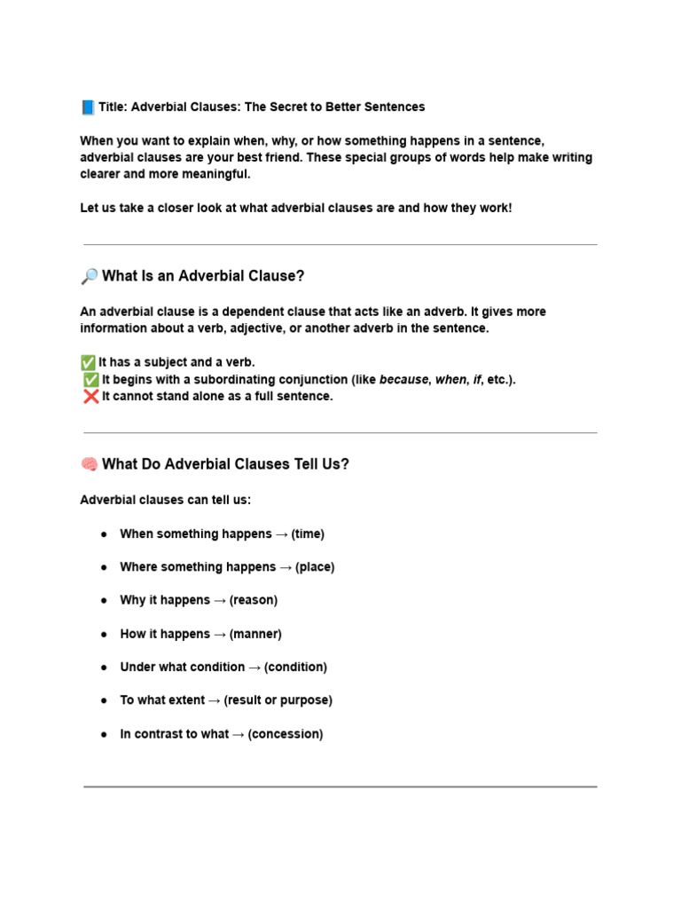 Adverbial Clauses - The Secret To Better Sentences | PDF | Adverb ...