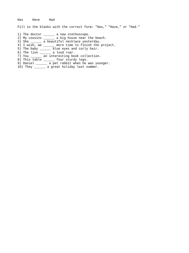 Has, Have, Had Exercise Worksheet | PDF