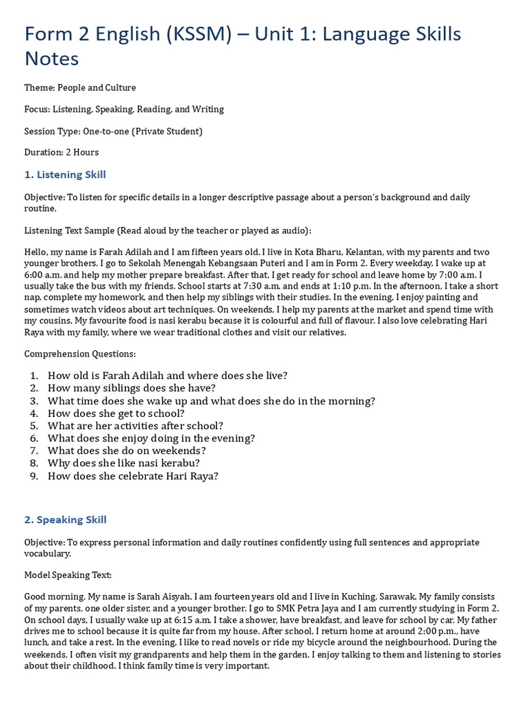 Form 2 English KSSM Unit 1 Language Skills PDF | PDF