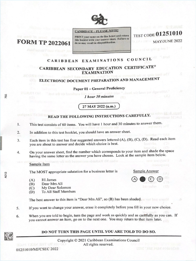 CSEC EDPM Paper 1 - 2022 | PDF