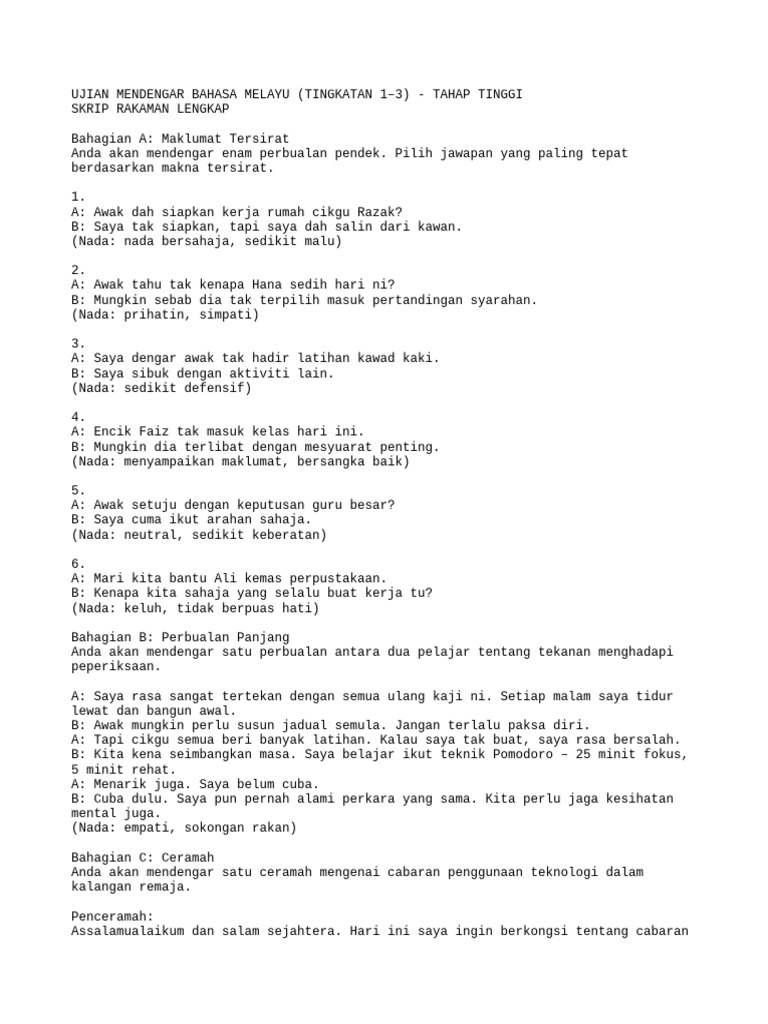 Skrip Rakaman Ujian Mendengar Tahap Tinggi | PDF