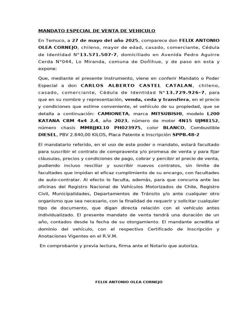 Mandato Venta Vehiculo - Felix Olea Cornejo (2025) | PDF