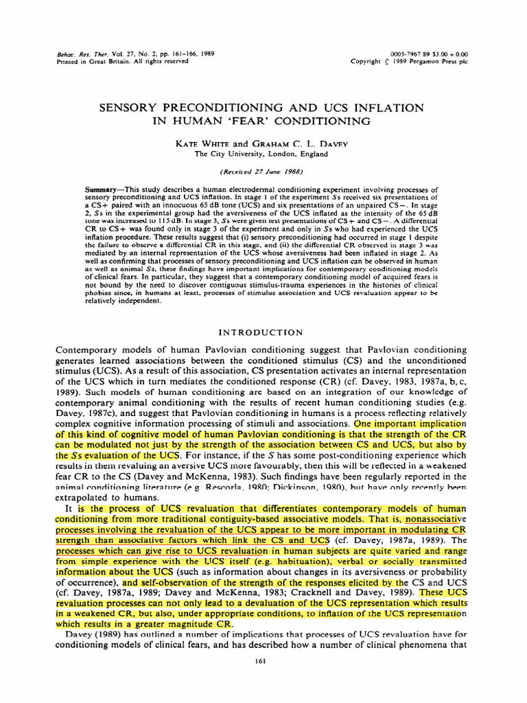 White, K., & Davey, G. C. L. (1989) - Sensory Preconditioning and UCS Inflation in Human "Fear ...