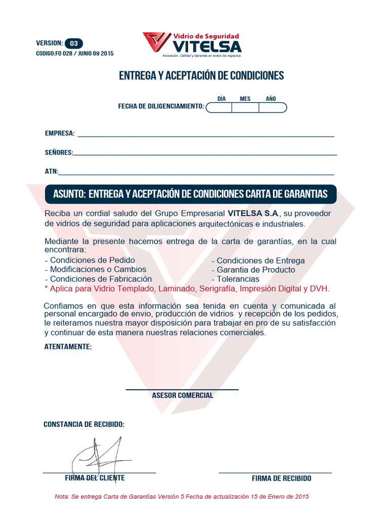 11F FO 028 Entrega Carta de Garantias Ver 1 FIRMA | PDF