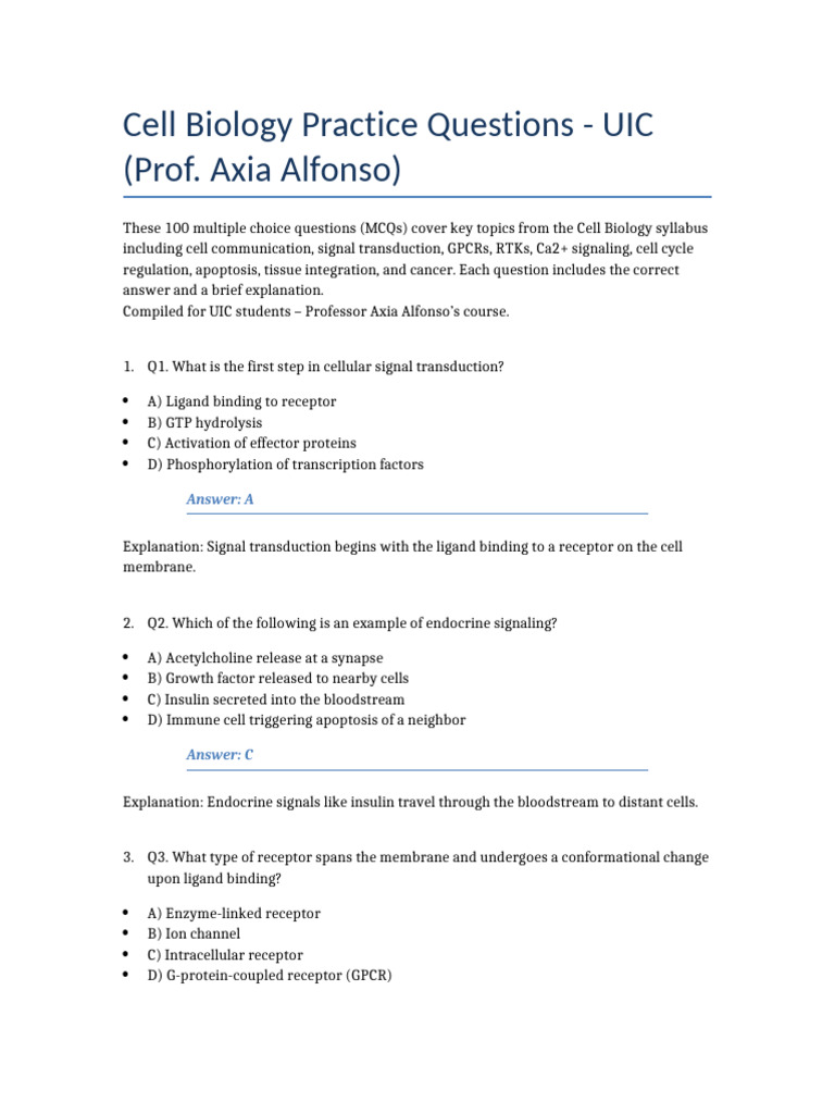 UIC_Cell_Biology_Exam_Practice_Questions_Part1 | PDF | Cell Signaling ...