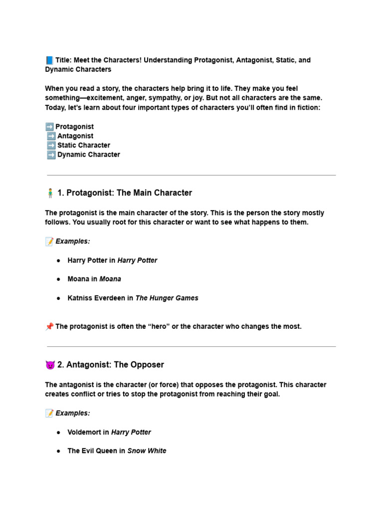 Understanding Protagonist, Antagonist, Static, and Dynamic Characters | PDF