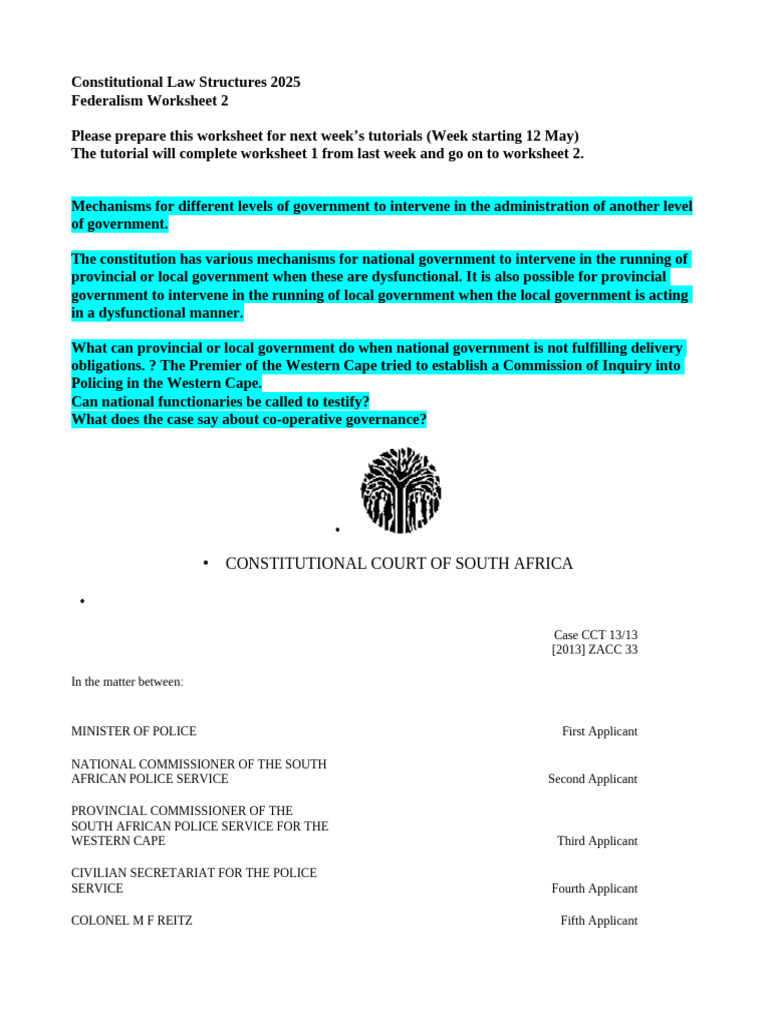Federalism Worksheet 2 For Tutorial Starting 12 May 2025 | PDF ...