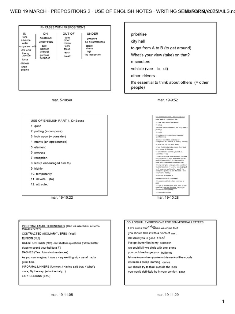 Wed 19 March - Prepositions 2 - Use of English Notes - Writing Semi ...