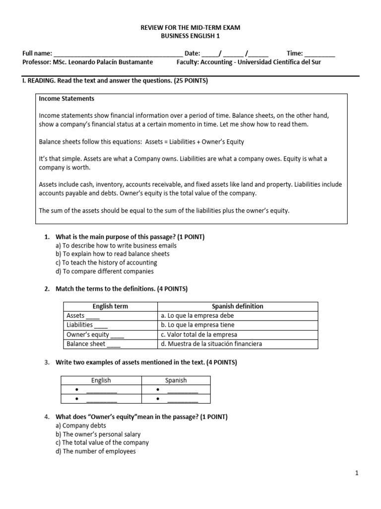 Mid-Term Exam Review: Business English 1 | PDF | Equity (Finance ...