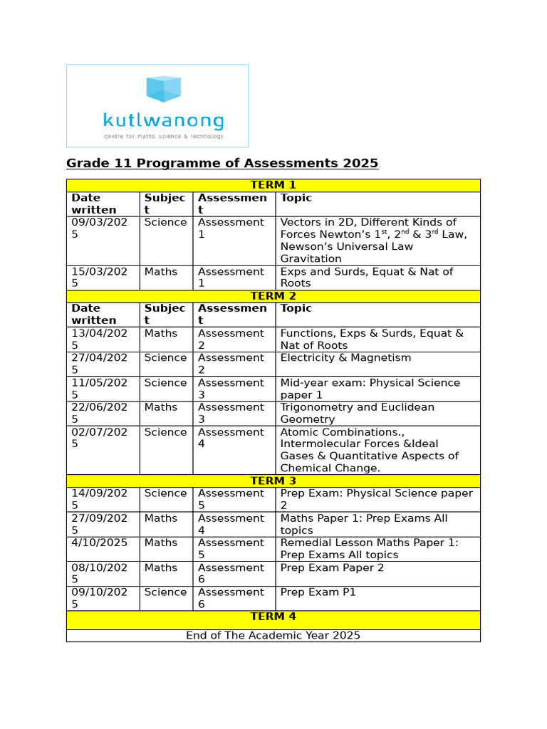 Grade 11 Assessment Schedule 2025 | PDF