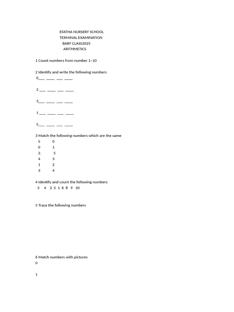 Baby Class Arithmetic Exam 2025 | PDF