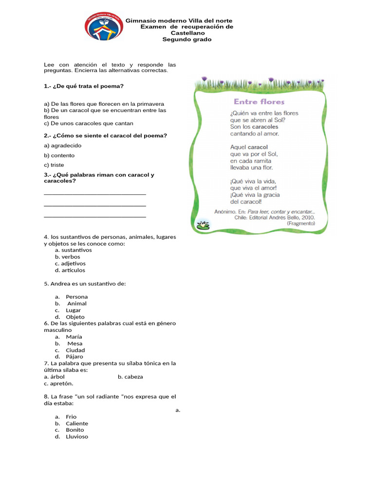 Examen de Castellano Segundo Grado | PDF