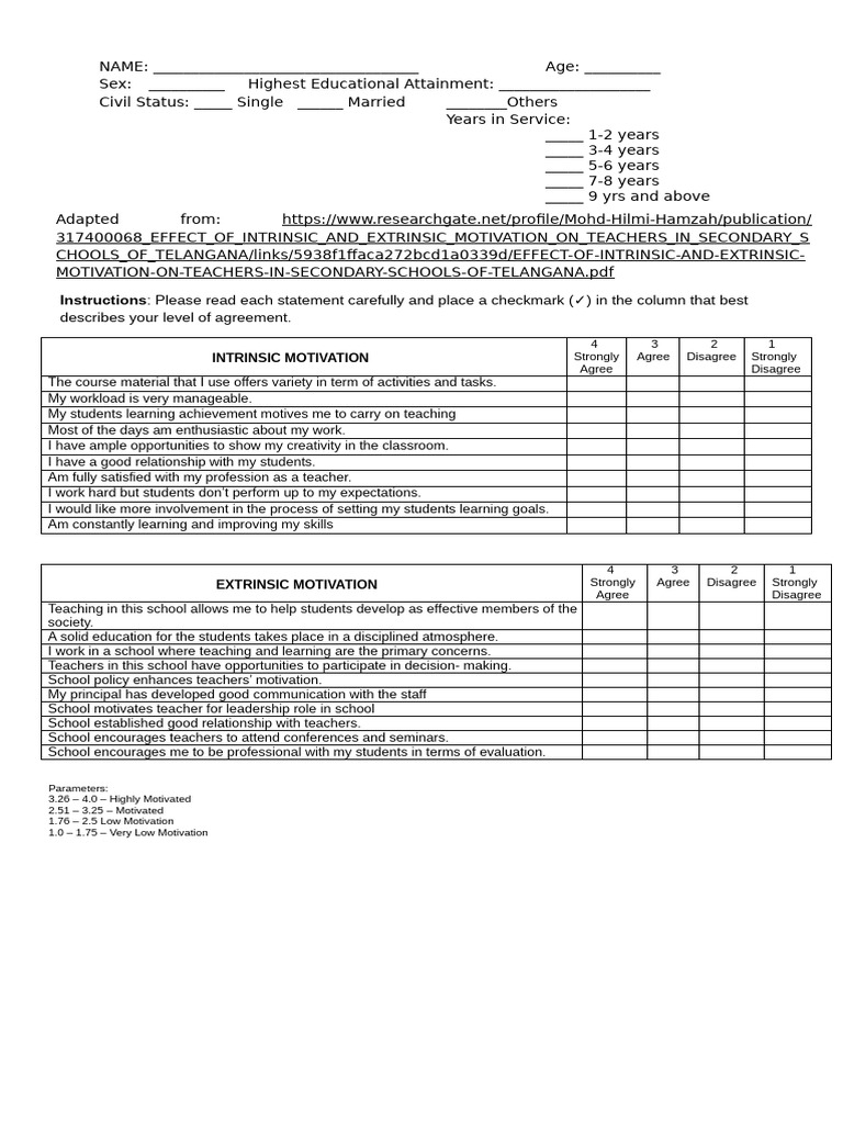 Research Questionnaire - Section A | PDF | Teachers | Motivation