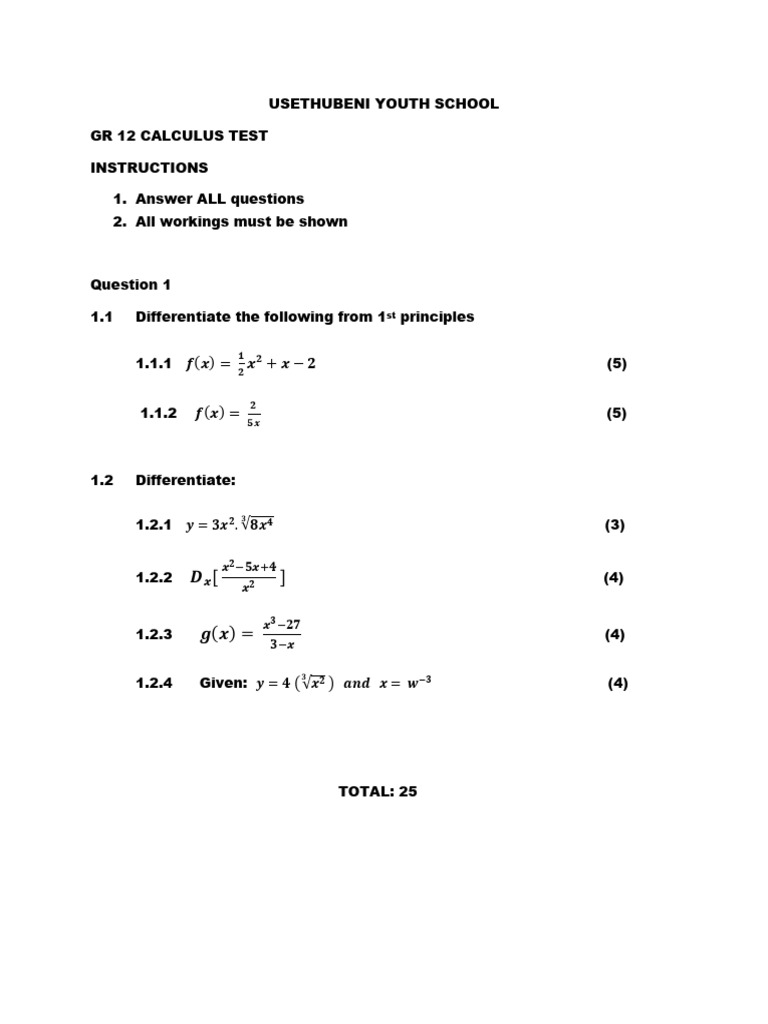 Gr 12 Calculus Test | PDF