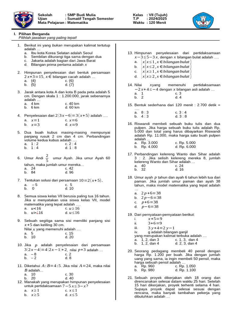 STS Matematika Kelas 7 2024-2025 Genap | PDF