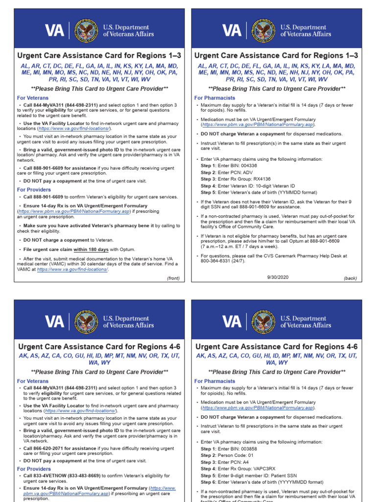 Urgent Care Assistance Cards | PDF | Medical Prescription | Veterans ...