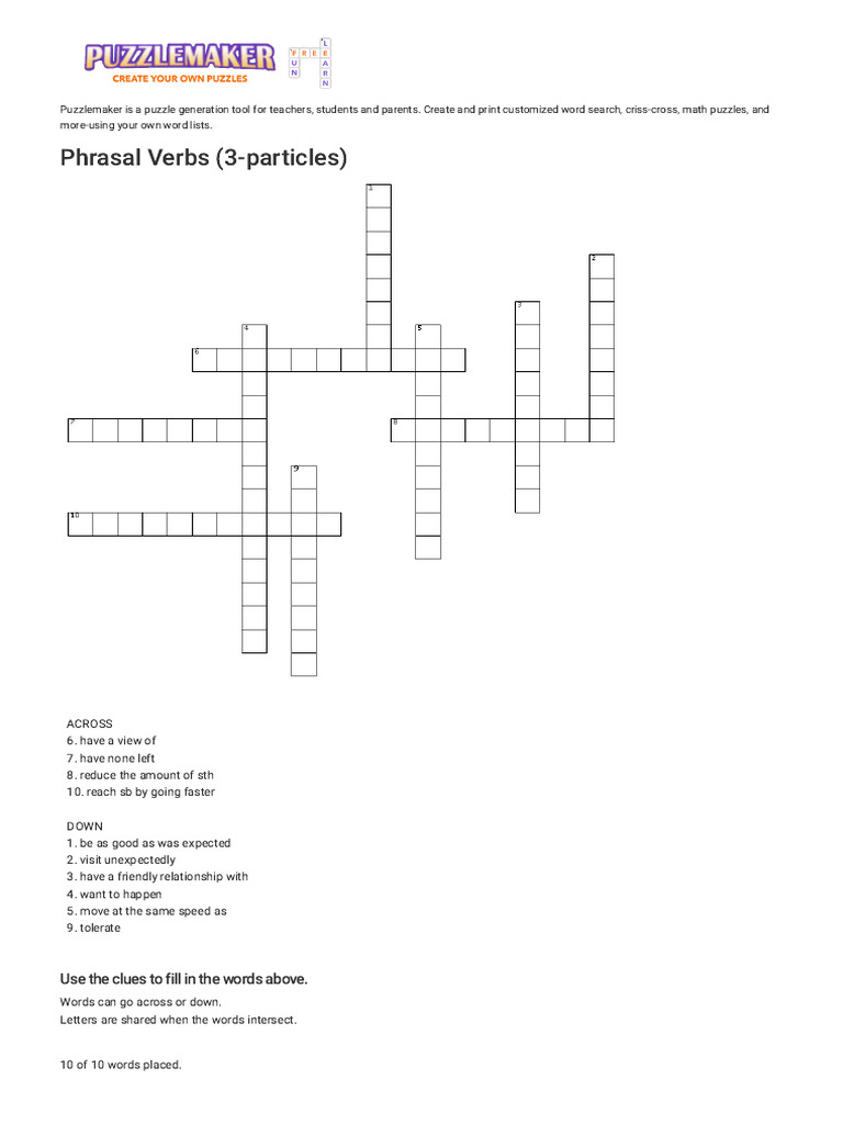 Crossword Phrasalverbs3particles | PDF