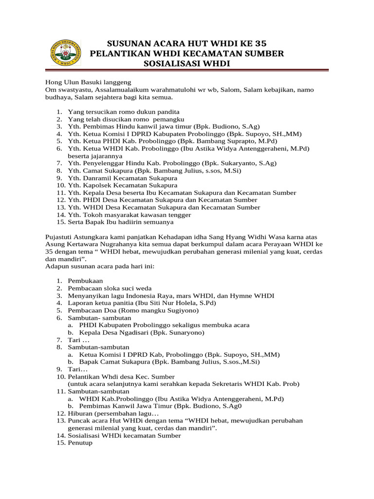 Susunan Acara Hut Whdi Ke 35 | PDF