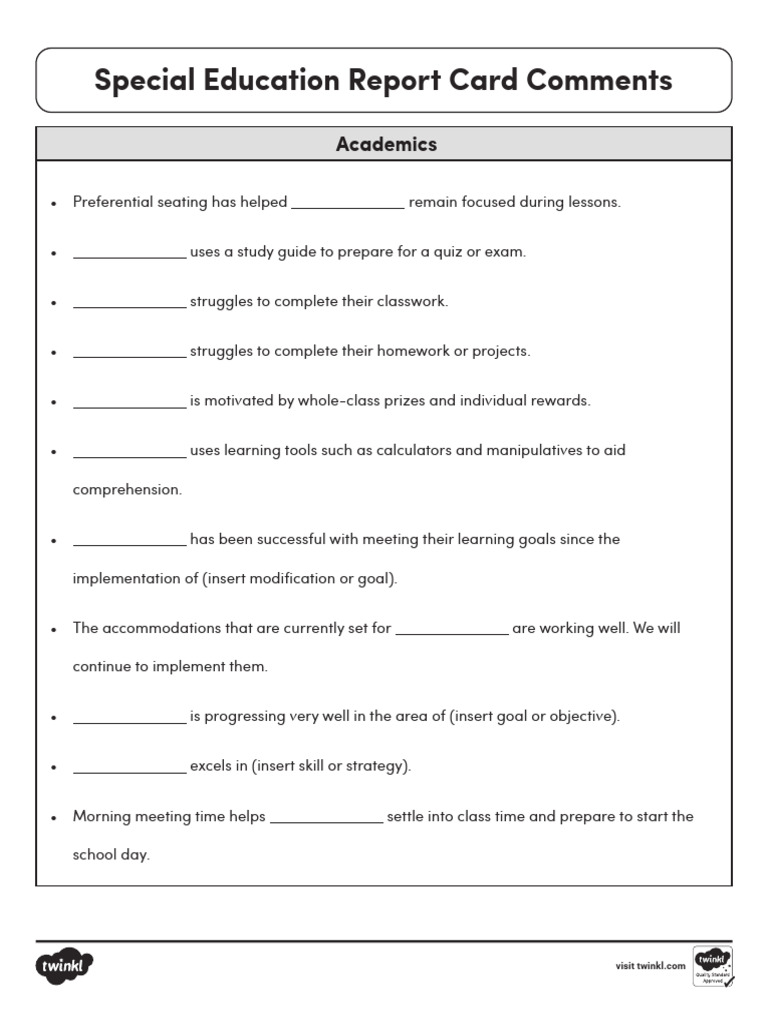 Special Education Report Card Comments Us Se 1693846223 | PDF